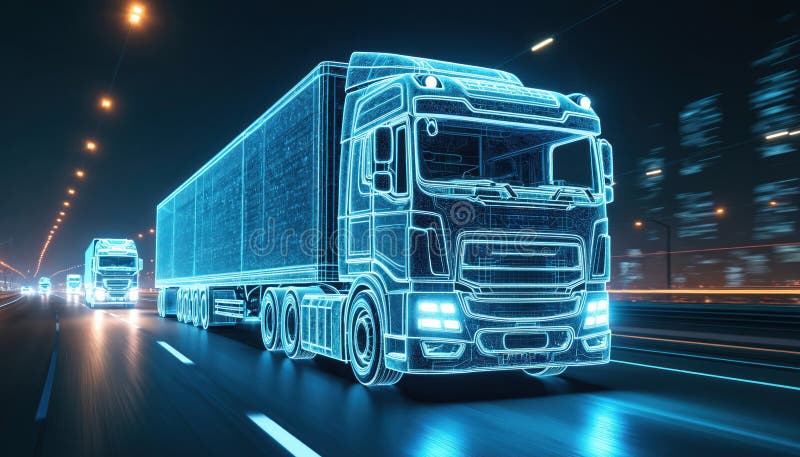 Futuristic Truck on Highway, Data Stream in Background. Digital ...