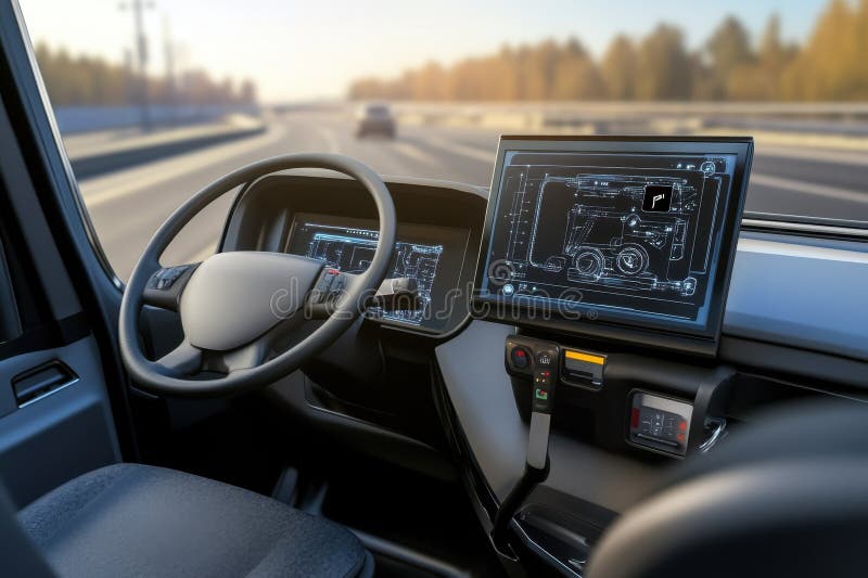 Futuristic Truck Interior Showcasing Technology on a Highway during ...