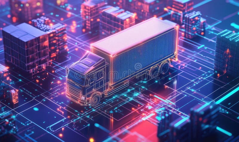 Futuristic Truck Navigating Digital Cityscape with Neon Lights ...