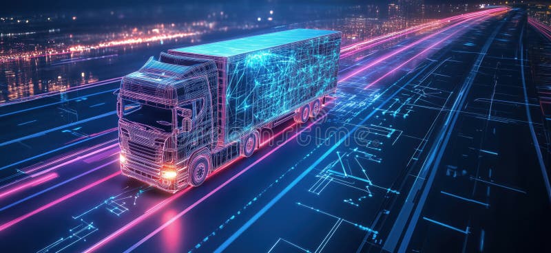 Futuristic Truck with Neon Digital Effects Driving on a High-tech Road ...