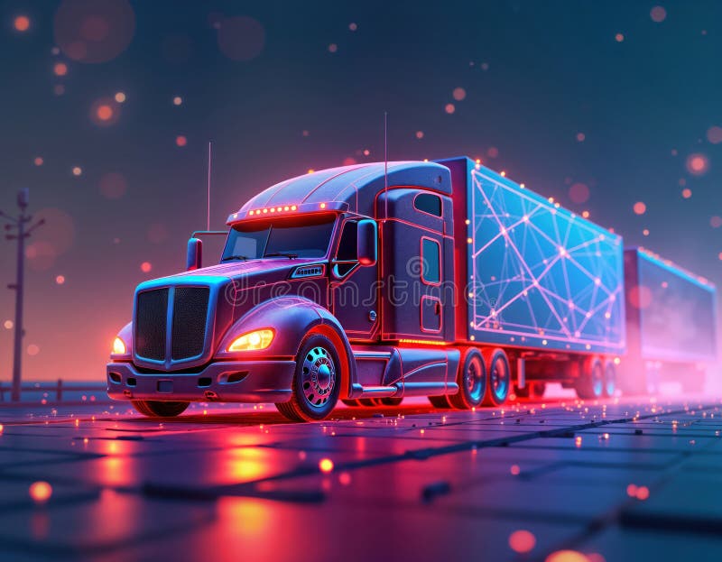 Futuristic Truck with Neon Glow, Network Design on Trailer Travels at ...
