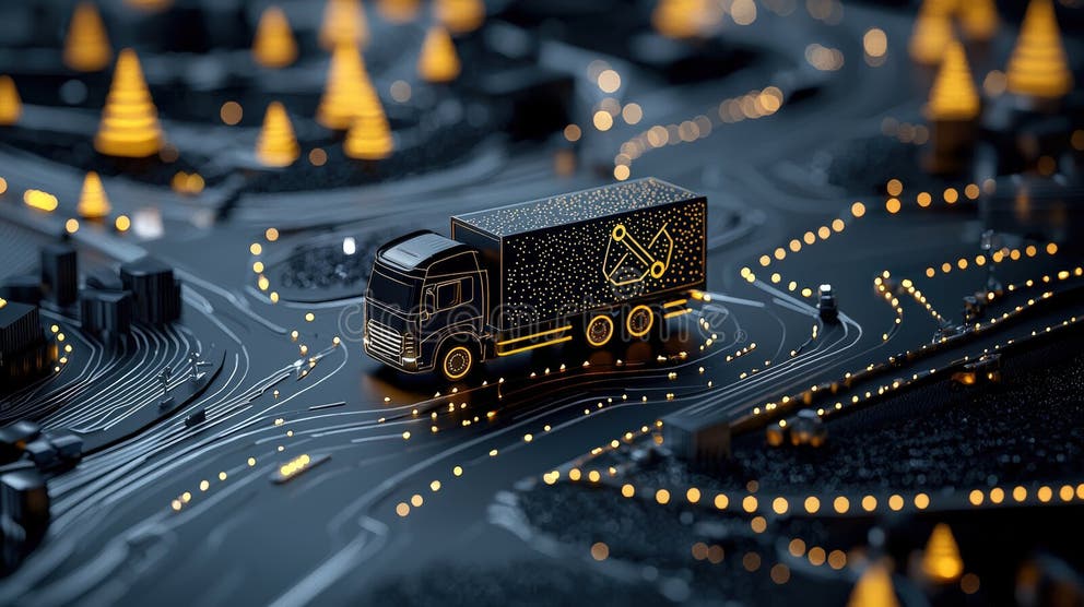 A Futuristic Truck on a Stylized Circuit Board Surrounded by Glowing ...