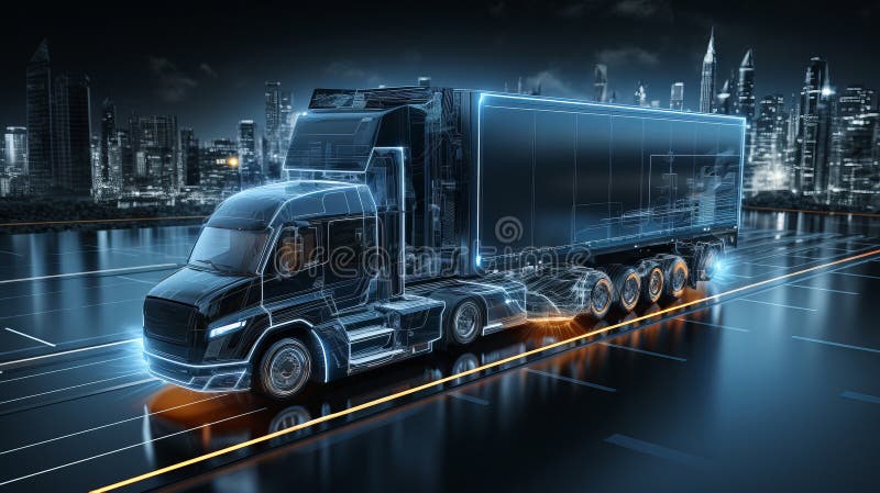 Futuristic Truck with Trailer Scene with Wireframe Intersection ...