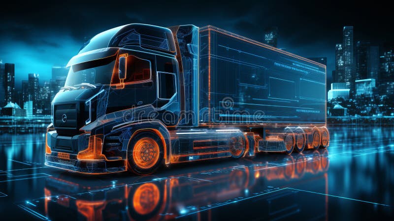 Futuristic Truck with Trailer Scene with Wireframe Intersection ...