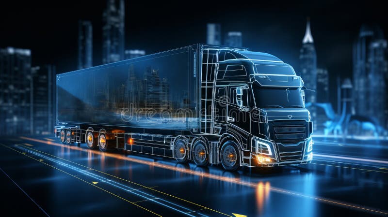 Futuristic Truck with Trailer Scene with Wireframe Intersection ...