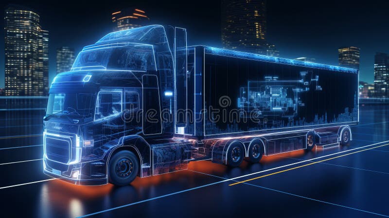 Futuristic Truck with Trailer Scene with Wireframe Intersection ...