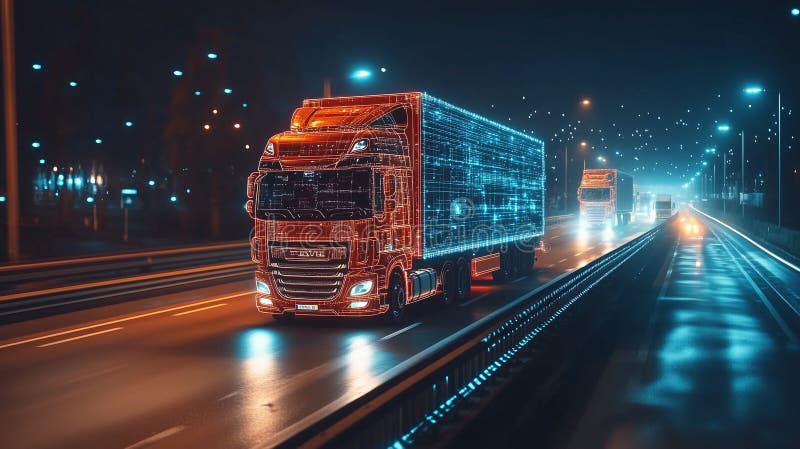 Futuristic Trucks on Highway at Night, Illuminated with Neon Lights ...