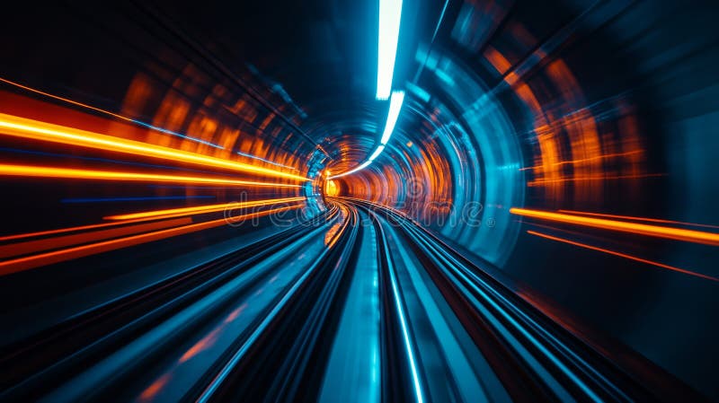 Futuristic Tunnel, Blue, Orange Neon Lights Perspective View of ...