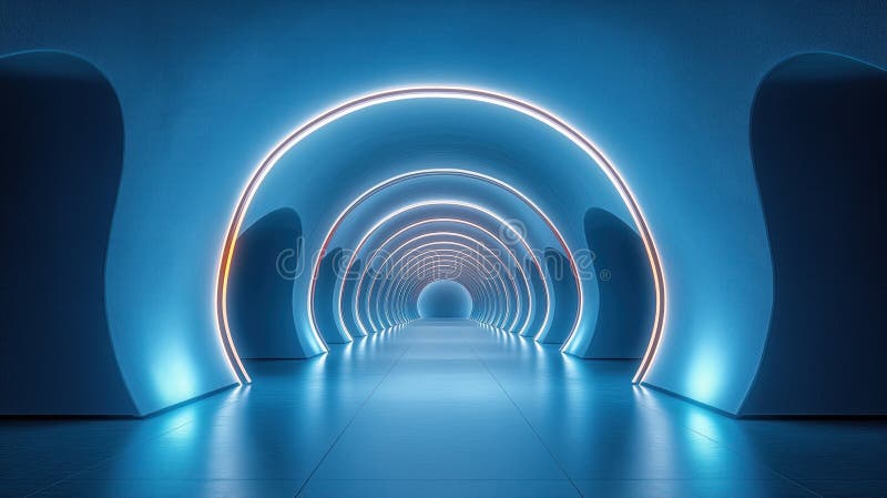 Futuristic Tunnel with Blue Walls, Glowing Circles. Glowing Light ...