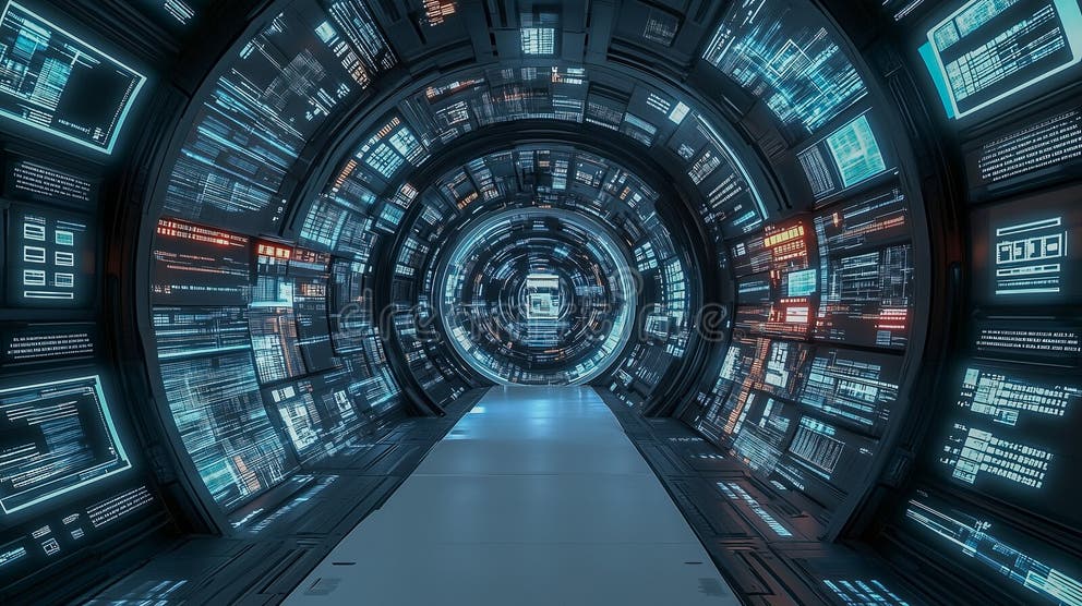 Futuristic Tunnel with Digital Interfaces and Lights Stock Illustration ...