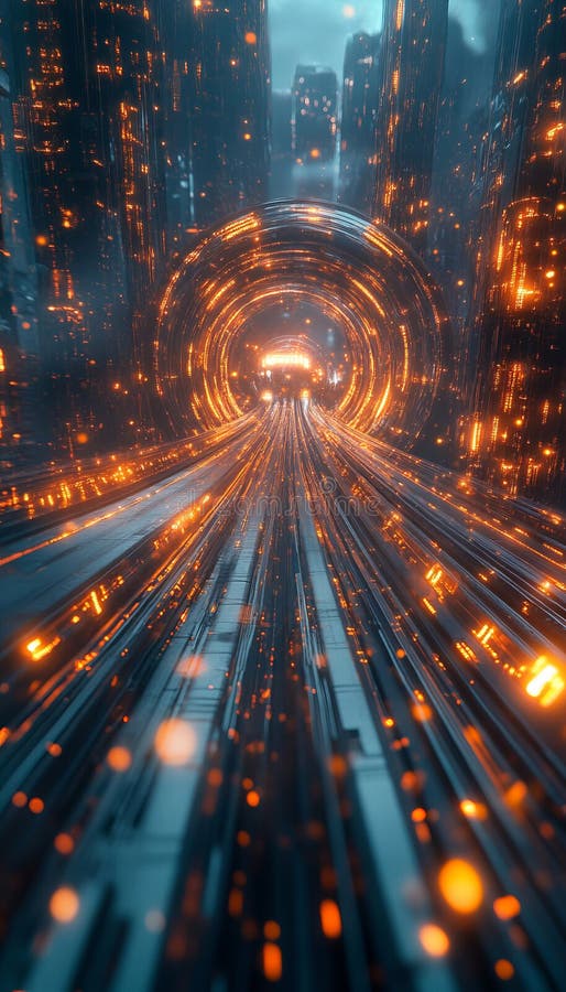 Futuristic Tunnel with Glowing Lights and Digital Infrastructure Stock ...