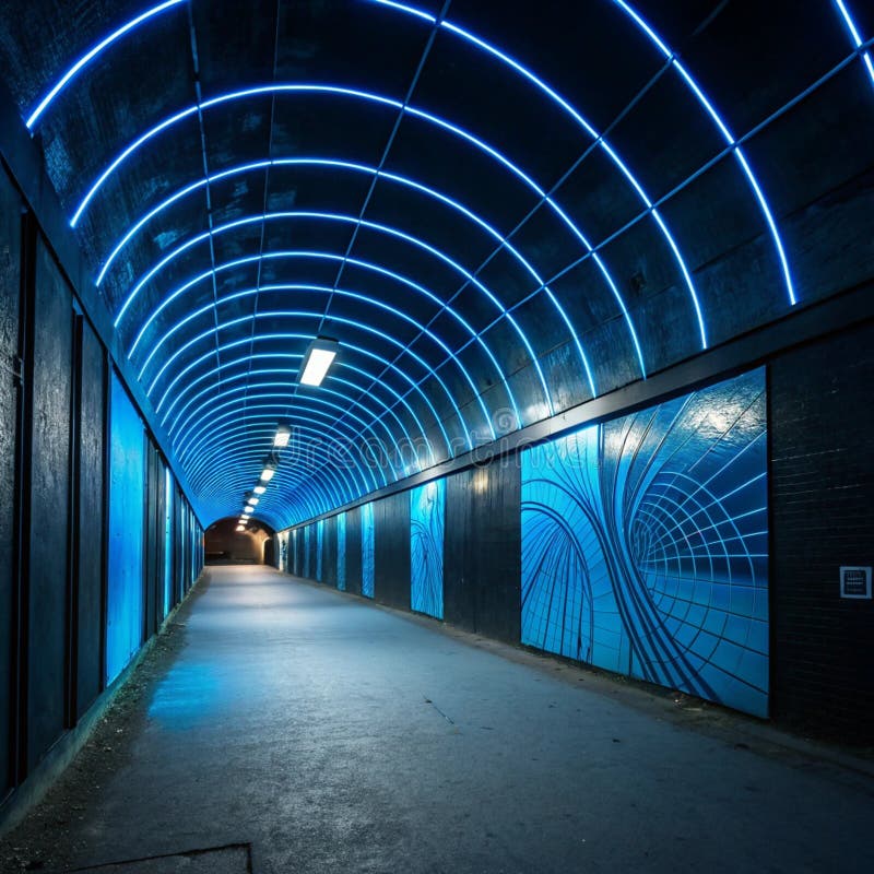 Tunnel in Blue Neon Light, Underground Passage Stock Illustration ...