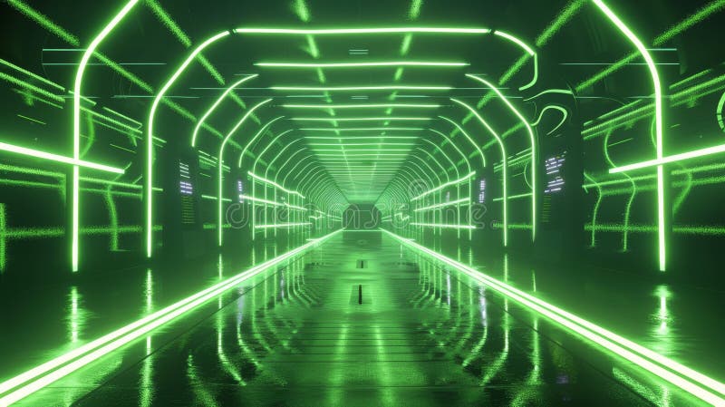 Futuristic Tunnel with Green Lights Stock Illustration - Illustration ...