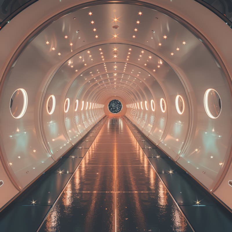 Futuristic Tunnel Interior with Circular Lights and Reflections Modern ...