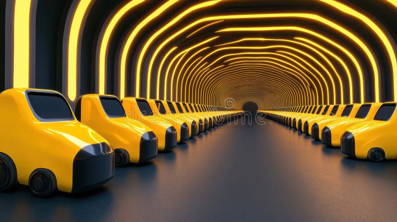 Futuristic Tunnel with Rows of Sleek Yellow Autonomous Vehicles, AI ...