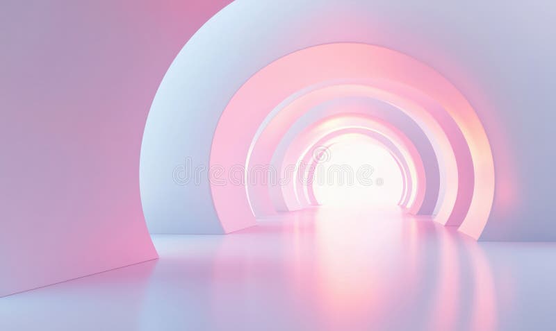Futuristic Tunnel with Soft Pink and White Lighting, Smooth Reflective ...