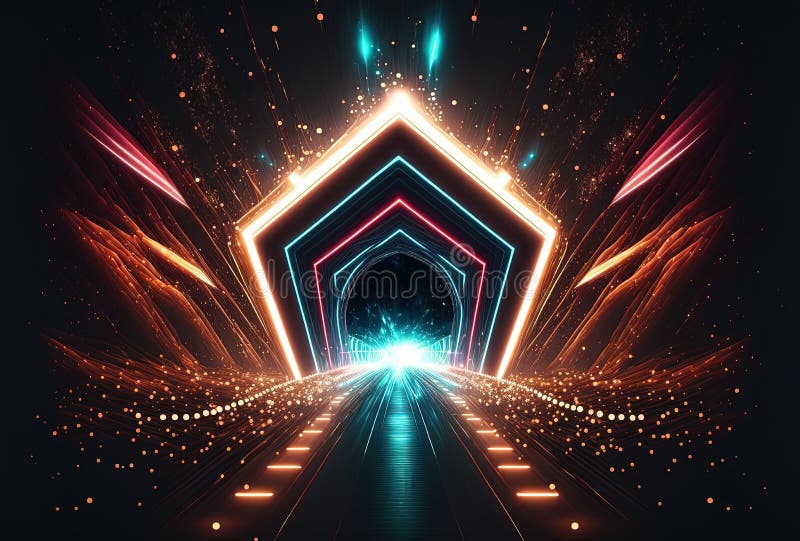 Futuristic Tunnel Tech Background with Neon Glow Stock Illustration ...