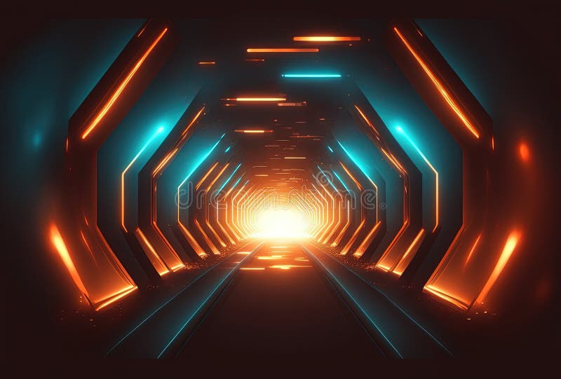 Futuristic Tunnel Tech Background with Neon Light Stock Illustration ...