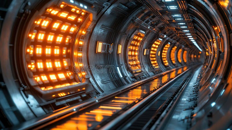 Futuristic Tunnel Train Track Glowing Orange Stock Illustration ...