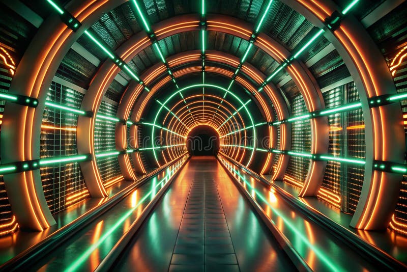 Futuristic Tunnel Walkway with Vibrant Neon Lights Stock Illustration ...