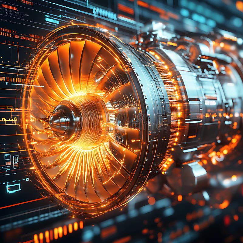 Futuristic Turbine Engine with Lights and Data Visualization Stock ...