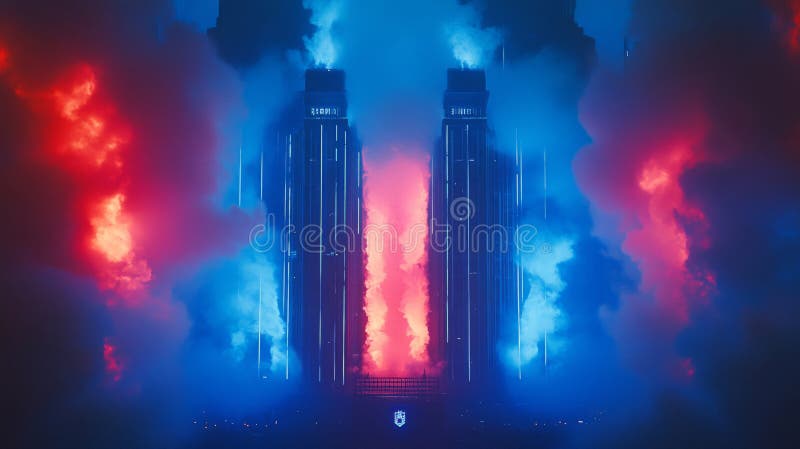 Futuristic Twin Towers in Red and Blue Neon Light Stock Illustration ...