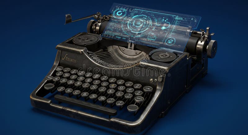 Futuristic Typewriter with Holographic Interface on Blue Background ...