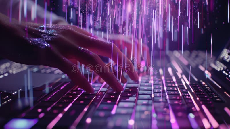 Futuristic Typing with Neon Lights and Digital Streams on Keyboard ...