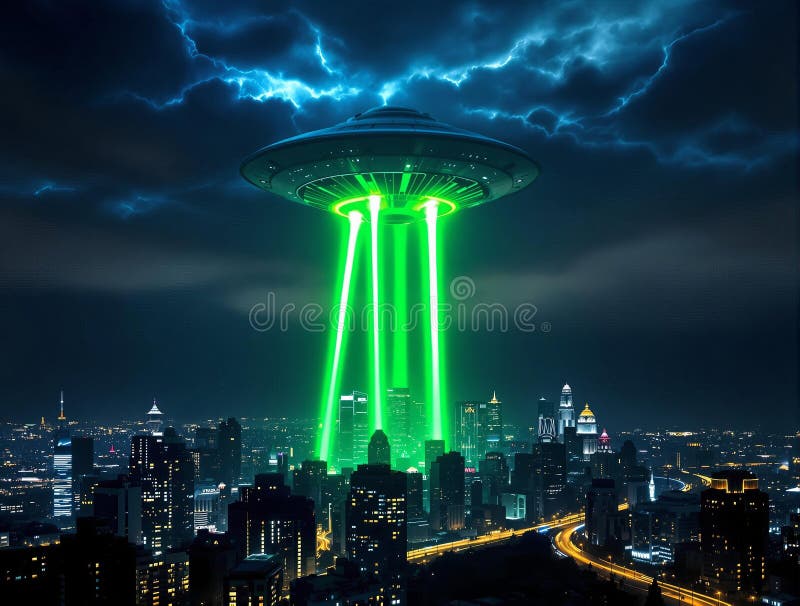 Futuristic Ufo Hovering Over Cityscape with Green Laser Beams at Night ...