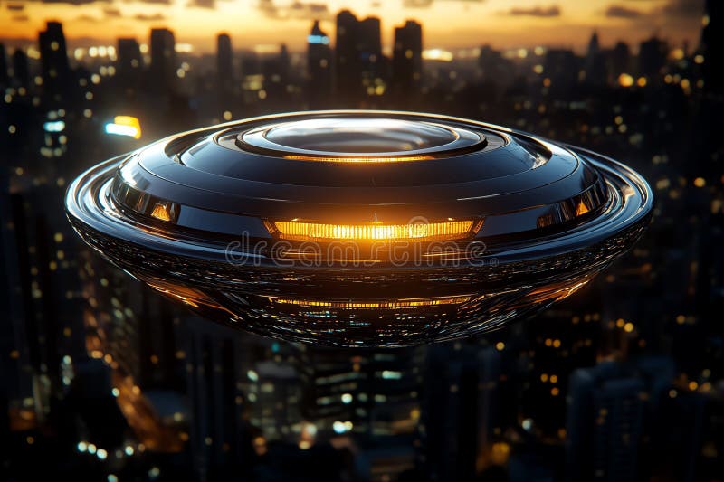 Futuristic UFO Hovering Over an Illuminated Cityscape at Dusk, City ...