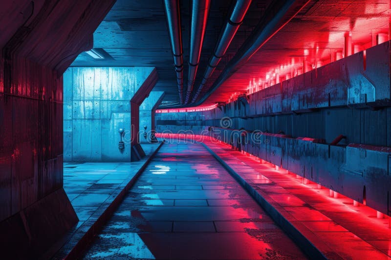 Futuristic Underground Big Tunnel with Red Lights Glowing Stock ...