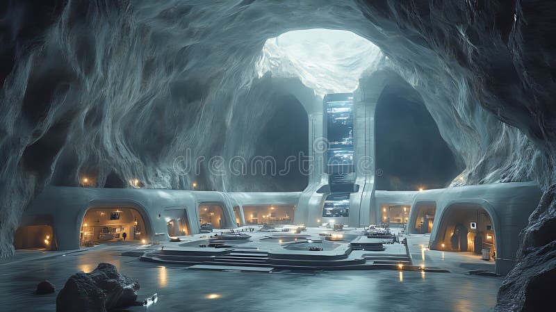 Futuristic Underground Cave City, Elevator, Lighting, Research Stock ...