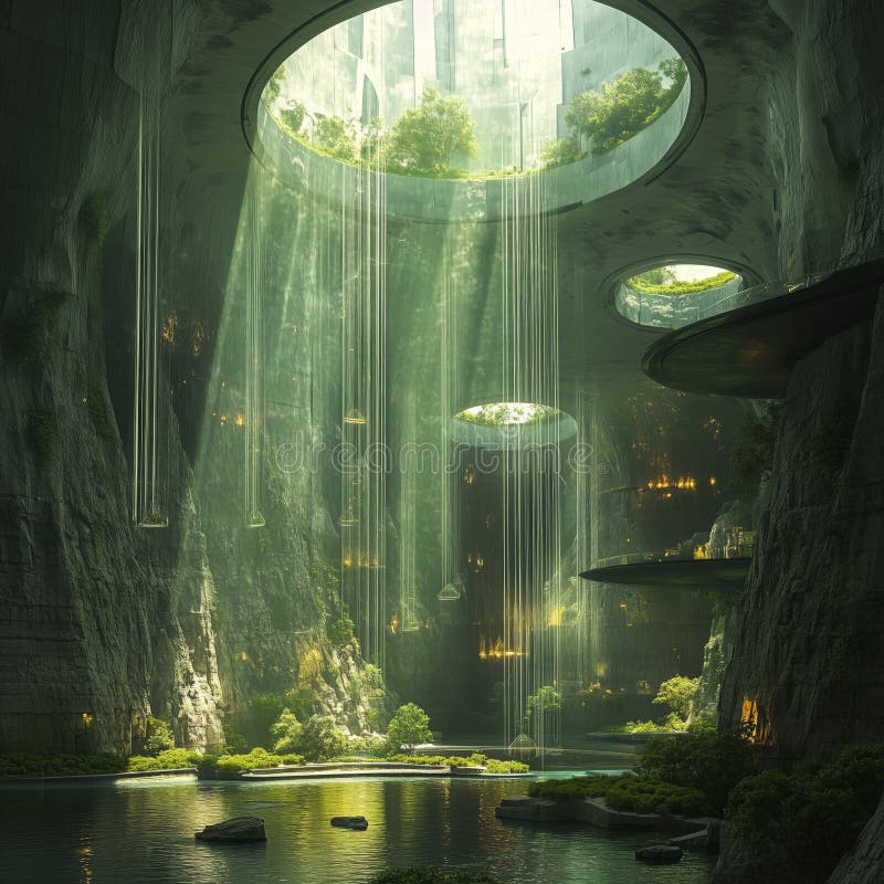 Futuristic Underground Cavern with Natural Light and Greenery Stock ...