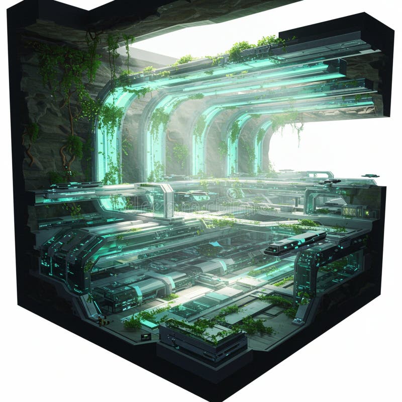 Futuristic Underground Complex Featuring Sleek, Metallic Structures ...