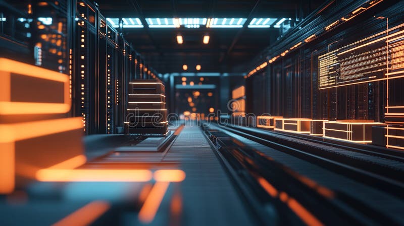 Futuristic Corridor Illuminated by Red Neon Lights in a High-tech, Sci ...