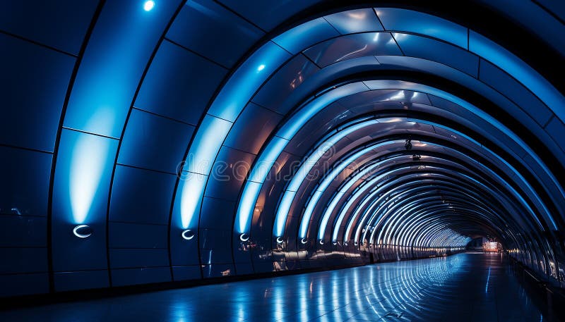 Futuristic Underground Corridor, Illuminated by Blue Reflections ...