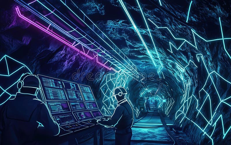 Futuristic Underground Data Center with Neon Lights and Digital Screens ...