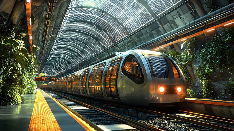 Futuristic Underground Metro Train in Lush Environment Stock ...