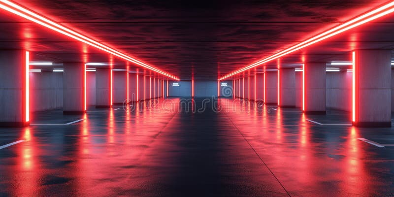 Futuristic Underground Parking Garage with Glowing Red Neon Lights and ...