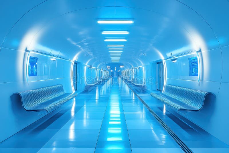 Futuristic Underground Passage with Blue Lighting and Benches for ...