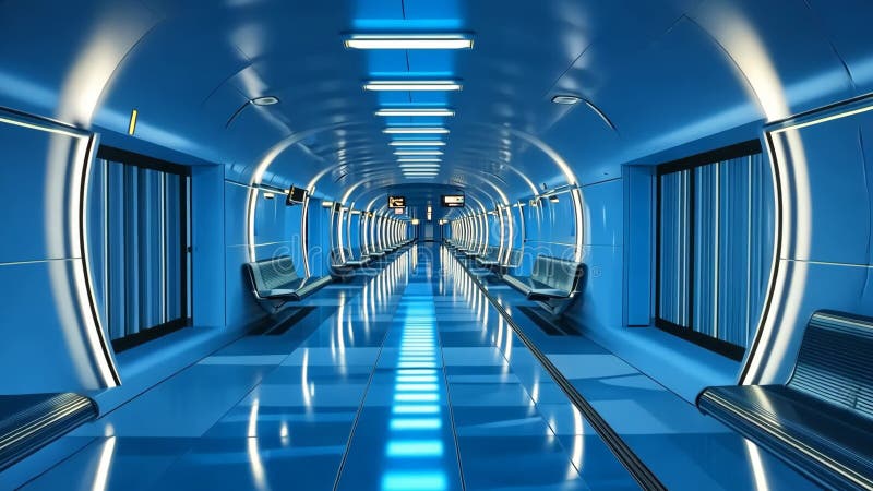 Futuristic Underground Passage with Blue Lighting and Benches for ...