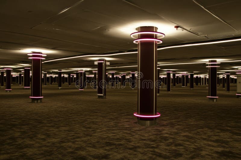 Futuristic Underground Space with Glowing Neon Columns Stock ...