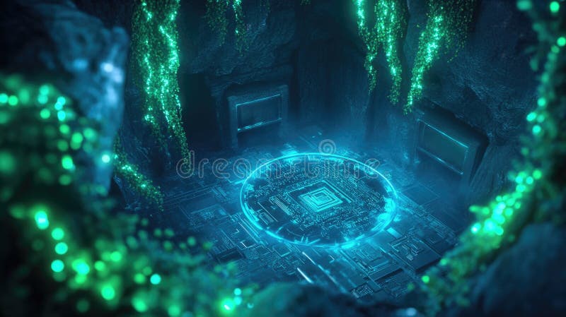 Futuristic Underground Technology Chamber with Glowing Digital Elements ...
