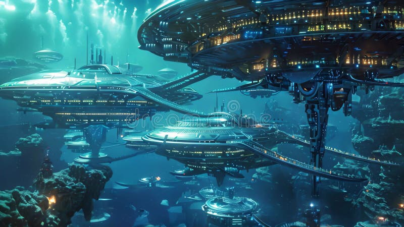 A Futuristic Underwater City with Sleek Metallic Structures and an ...
