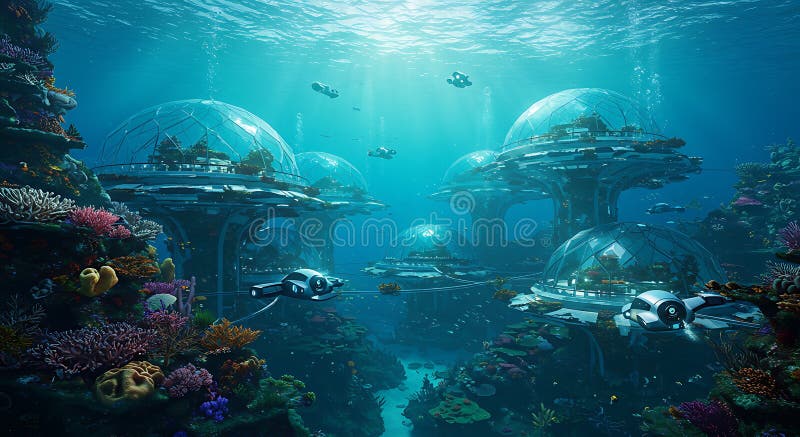 Futuristic Underwater City with Transparent Domes Supported by Tall ...
