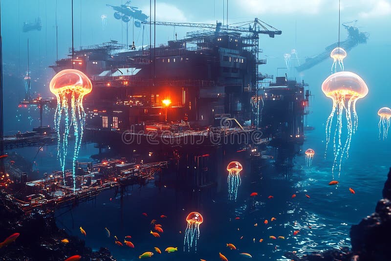 Futuristic Underwater Construction Site with Jellyfish Inspired Drones ...
