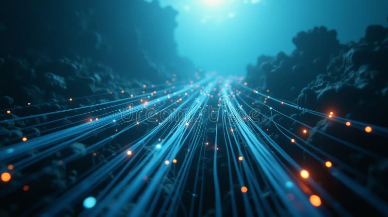 Futuristic Underwater Fiber Optic Network with Glowing Data Cables in Deep Ocean. Technology ...