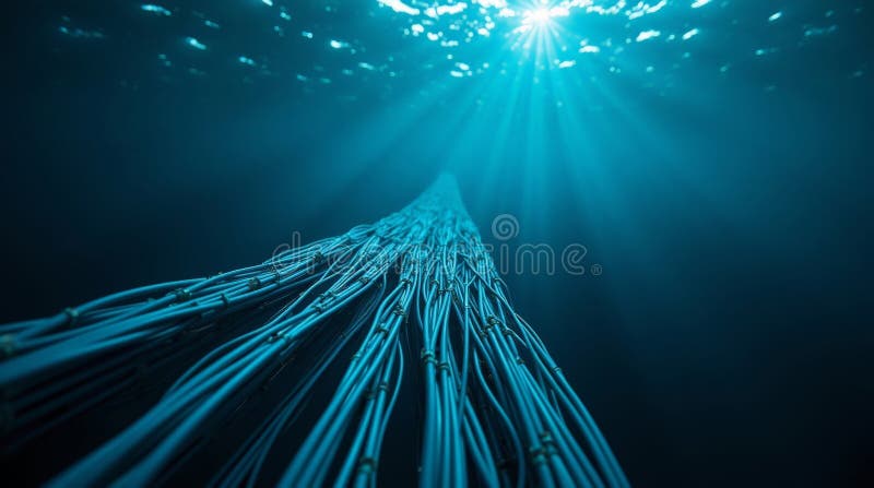 Futuristic Underwater Fiber Optic Network with Glowing Data Cables in Deep Ocean. Technology ...