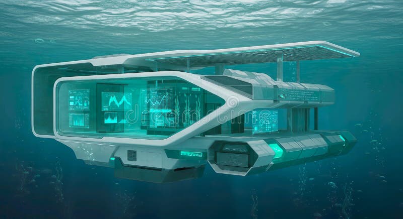 Futuristic Underwater Laboratory with Glowing Screens in Ocean Stock ...