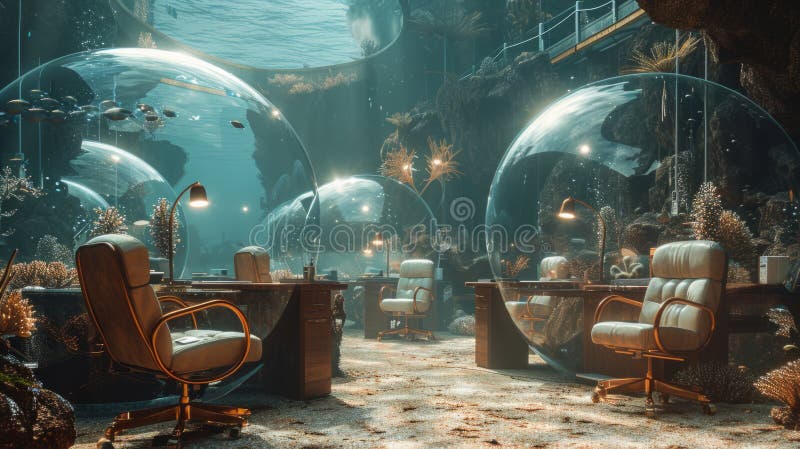 Futuristic Underwater Office Setting with Transparent Dome-like ...